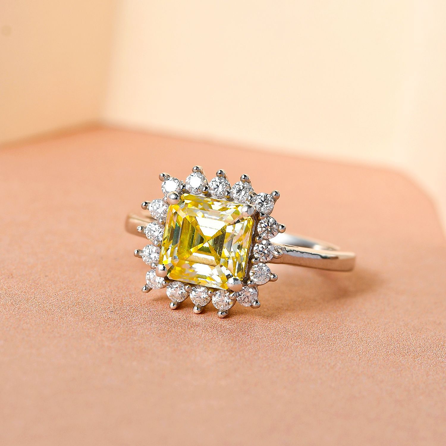 Canary Moissanite (Asscher Cut) and Moissanite Ring in Platinum Overlay ...