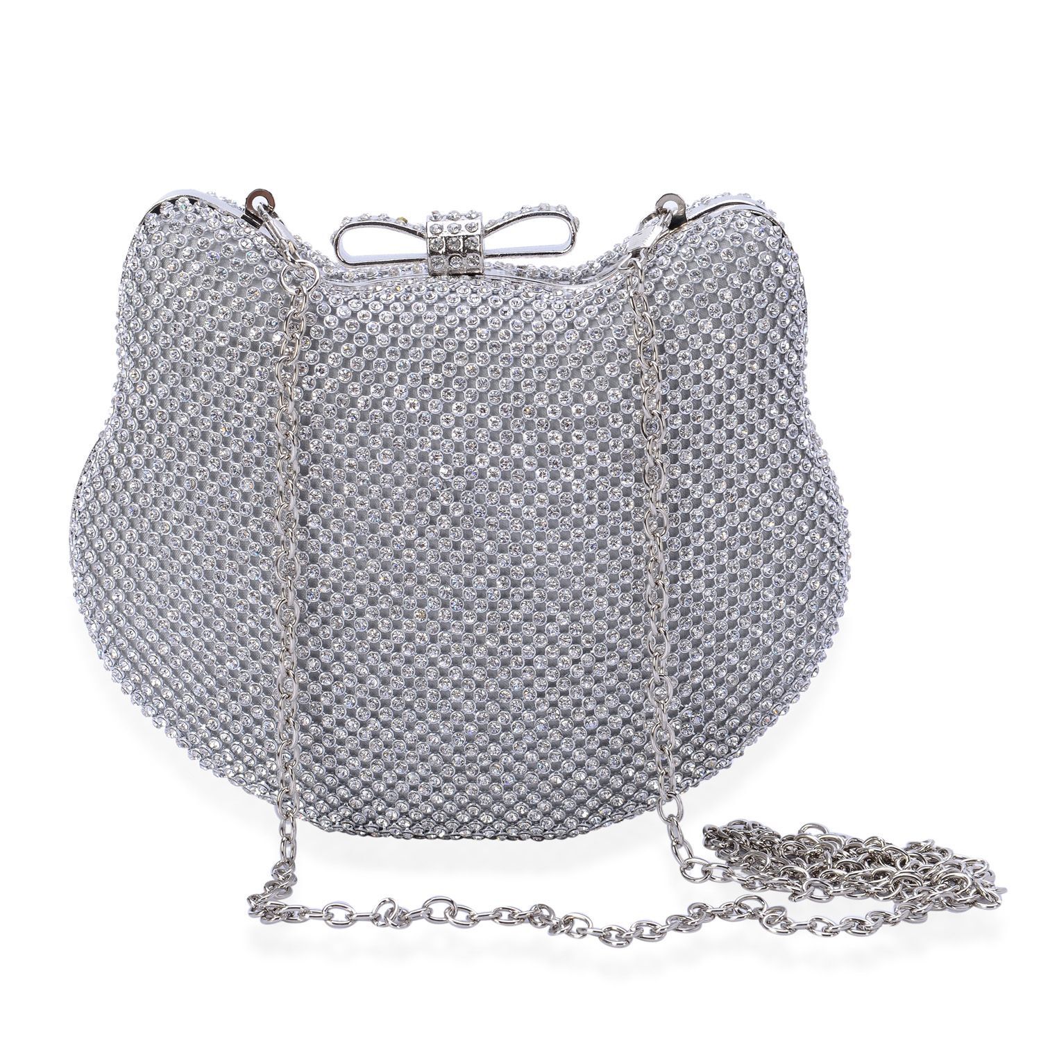 White Austrian Crystal Studded Clutch Bag in Silver Tone with Removable ...