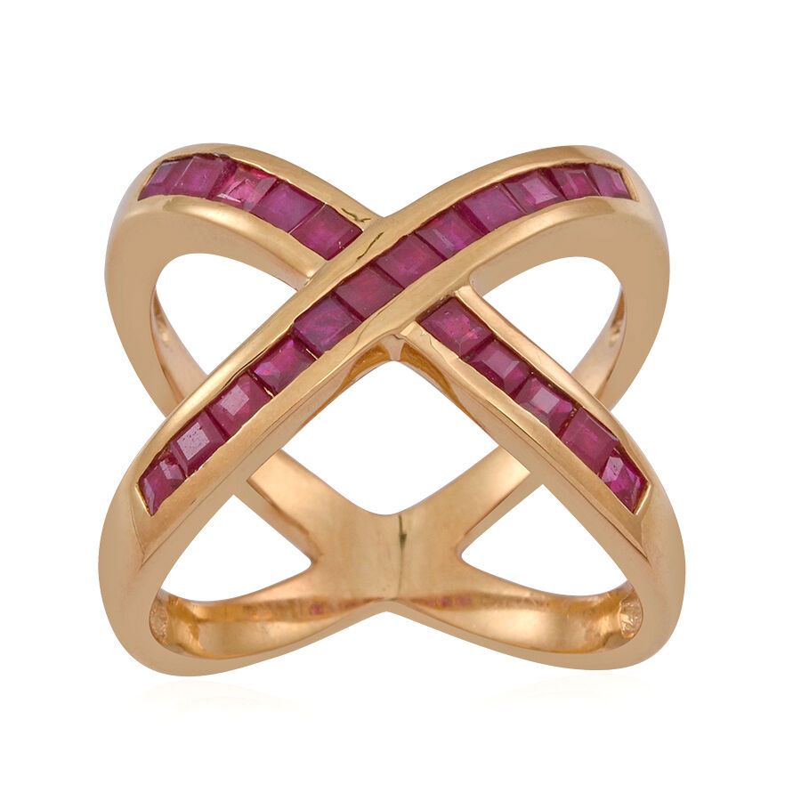 AAA Ruby (Sqr) Criss Cross Ring in 14K Gold Overlay Sterling Silver 1. ...