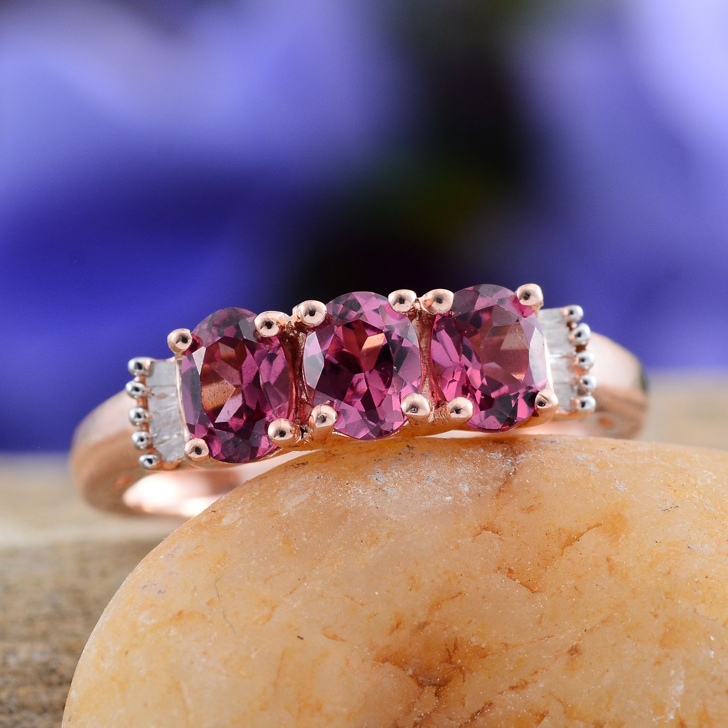 Rhodolite Garnet (Ovl), Diamond Ring in Rose Gold Overlay Sterling ...