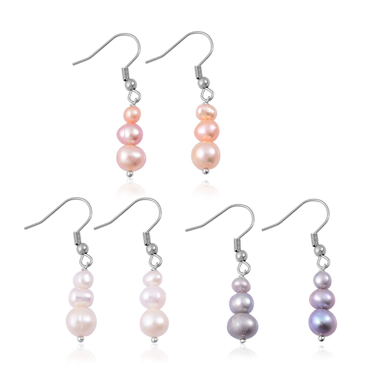Set of 3 - Fresh Water Peach, White and Silver Grey Pearl Hook Earrings ...