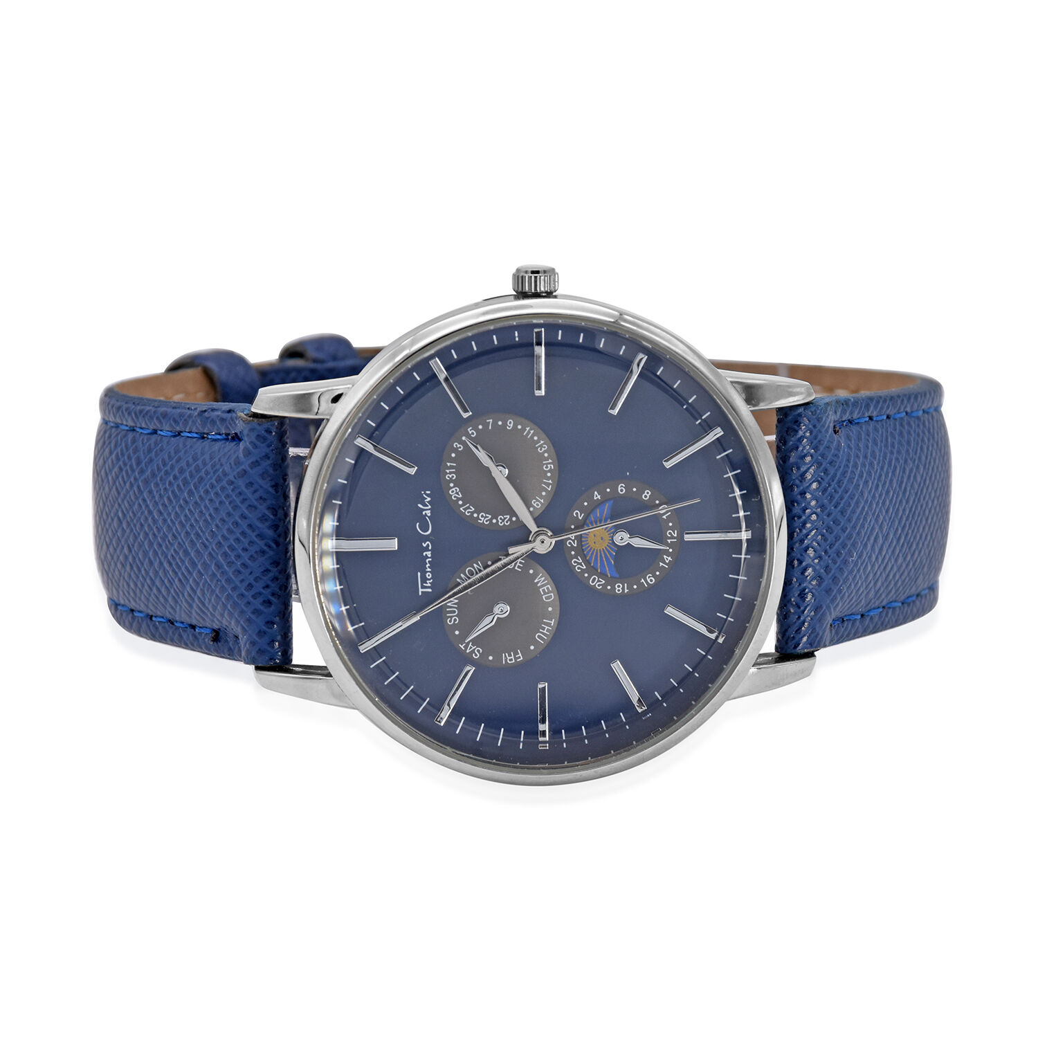 Thomas Calvi Blue Faux Multi Dial Watch in Silver Tone with Blue Strap ...