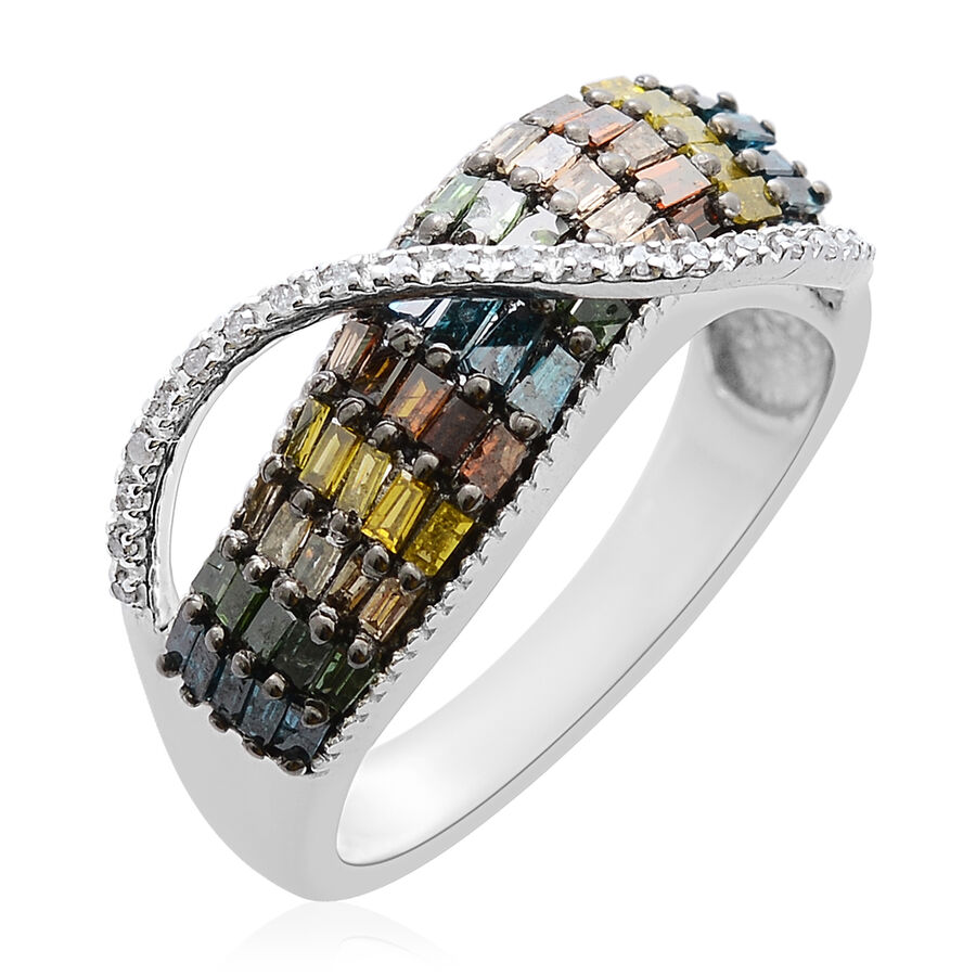 1 Carat Rainbow Diamond Cross Over Ring in Platinum Plated Sterling ...
