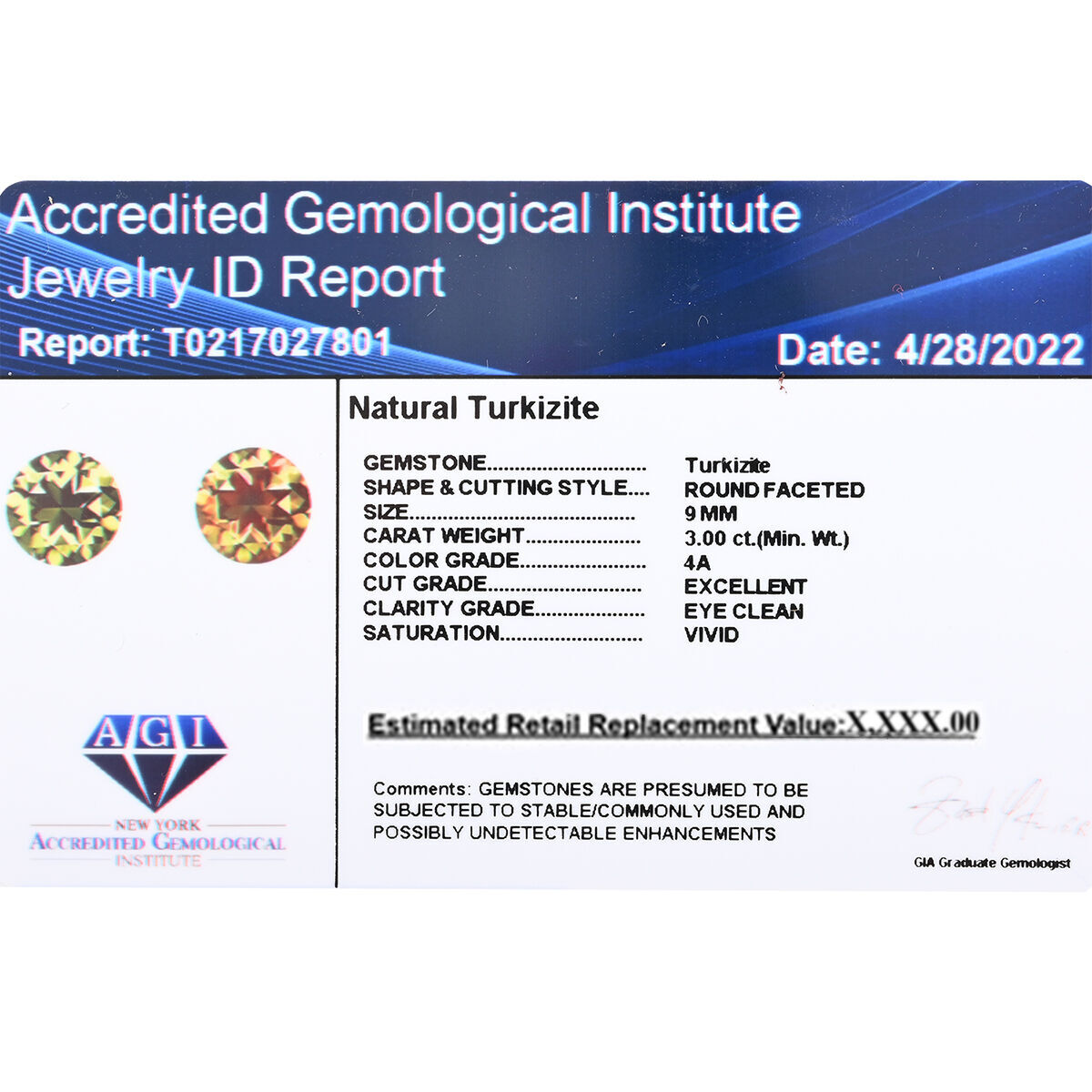 AGI Certified 3 Carat Turkizite Loose Gemstone in Round Cut - 7023118 - TJC