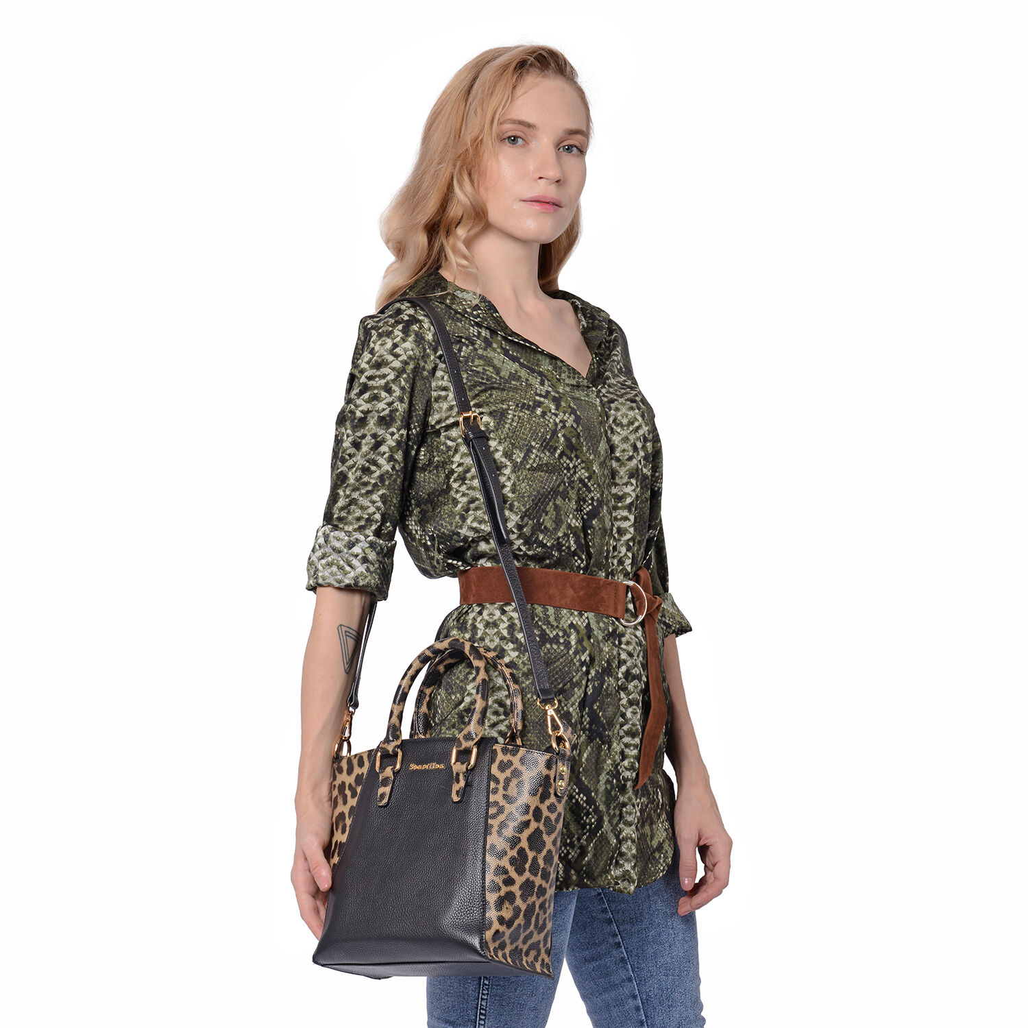 Sencillez 100% Genuine Leather Leopard Printed Handbag with Detachable ...