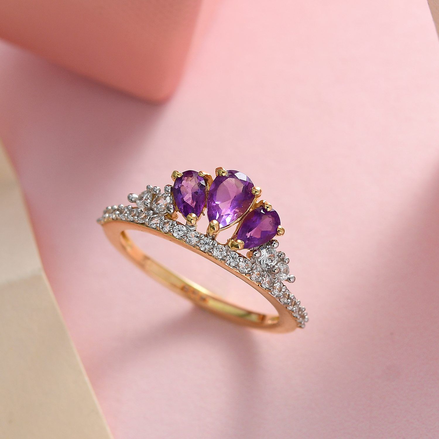Amethyst and Natural Cambodian Zircon Ring in 18K Vermeil Yellow Gold Plated Sterling Silver 1. ...