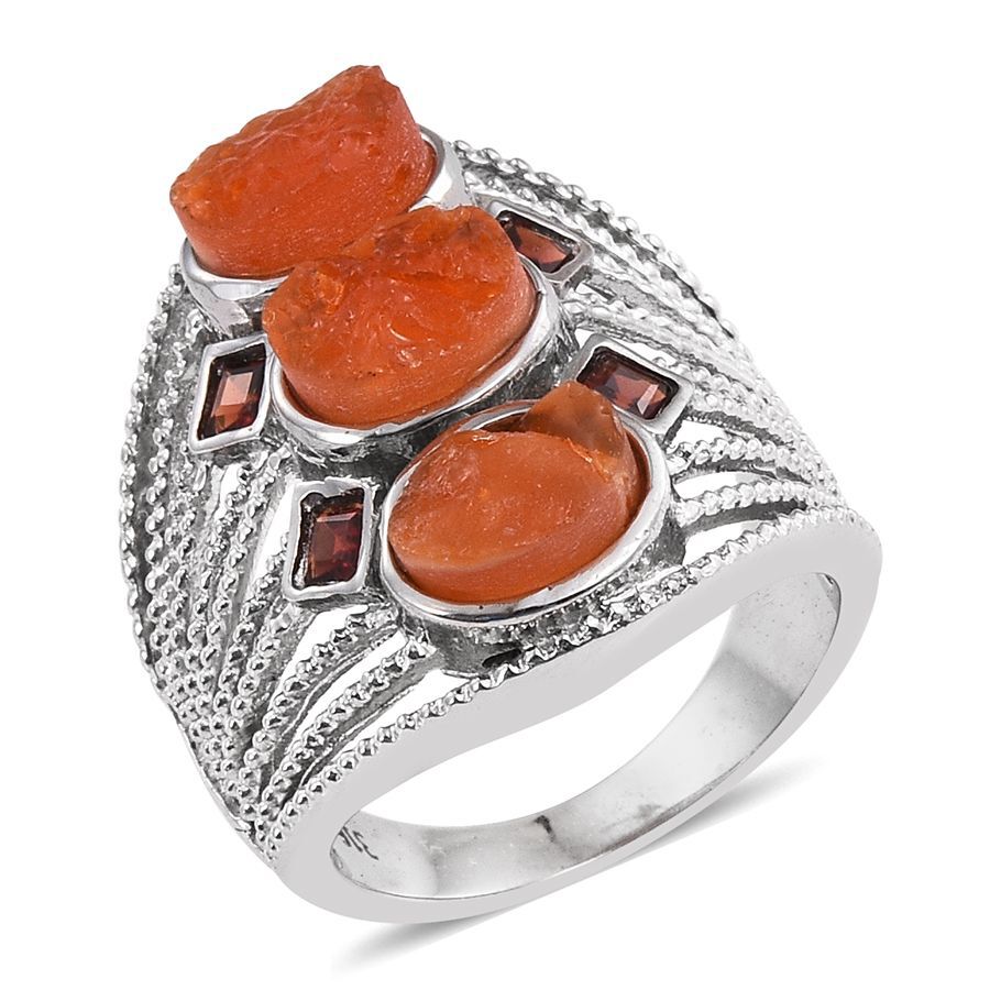 Jalisco Fire Opal (Ovl), Mozambique Garnet Ring in ION Plated Stainless ...