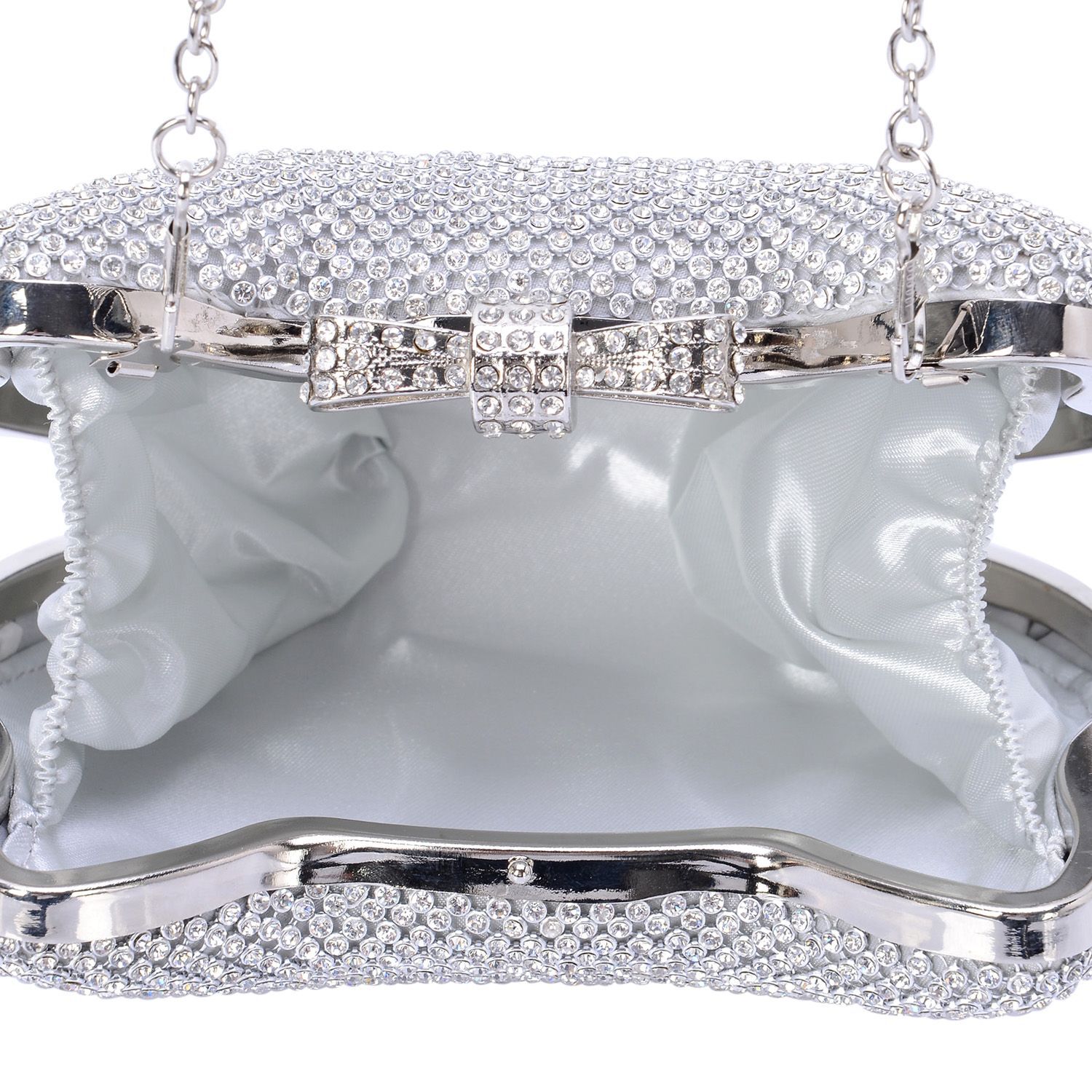 White Austrian Crystal Studded Clutch Bag in Silver Tone with Removable ...