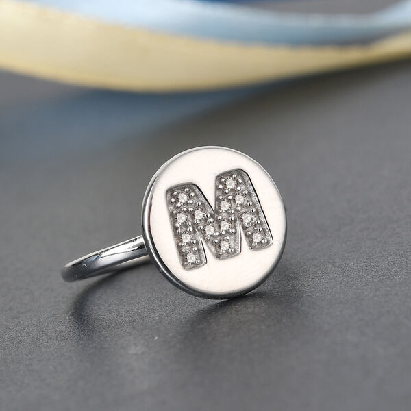 White Diamond M Initial Ring in Platinum Plated Sterling Silver ...