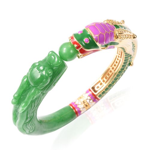 198.50 Ct Green Jade Carved Dragon Bangle in Yellow Gold Plated Silver ...
