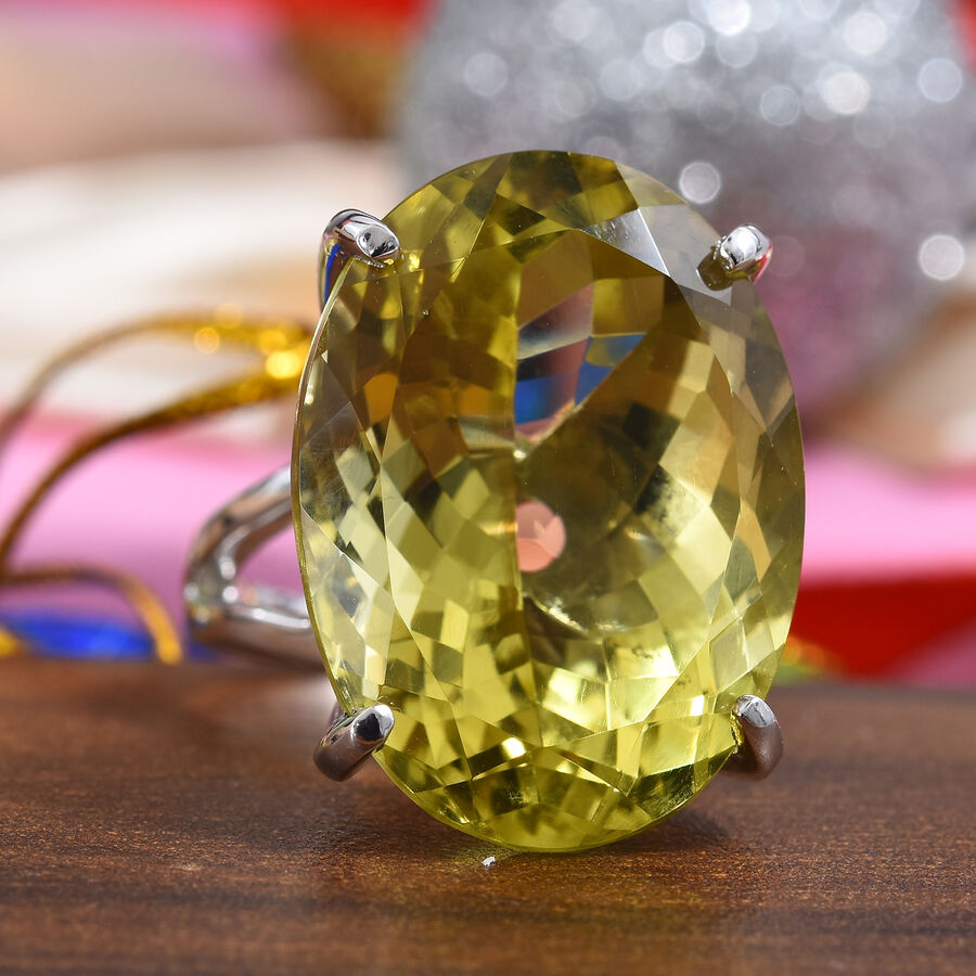 37 Carat Natural Ouro Verde Quartz Solitaire Cocktail Ring in Platinum ...