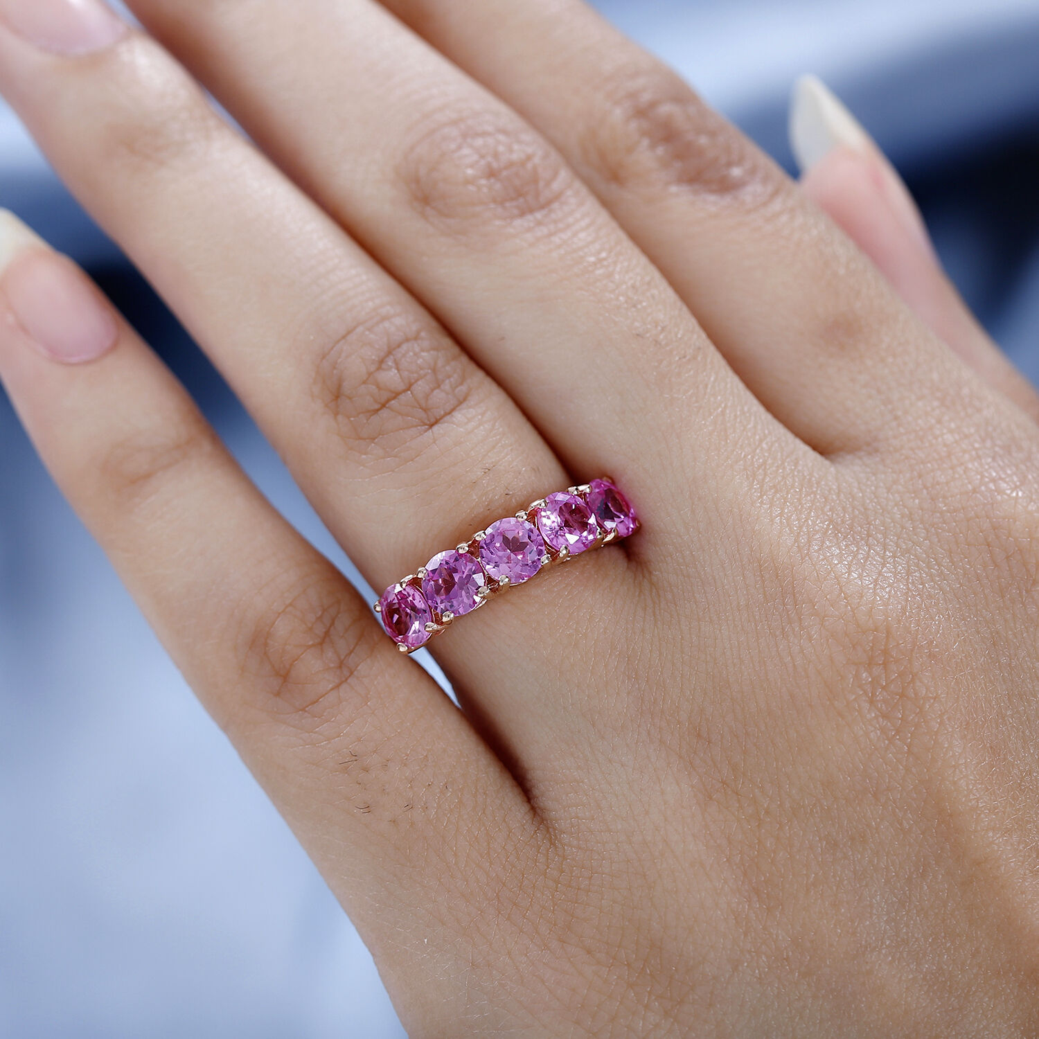Premium Lab Created Pink Sapphire 5 Stone Ring in 18k Vermeil Rose Gold ...
