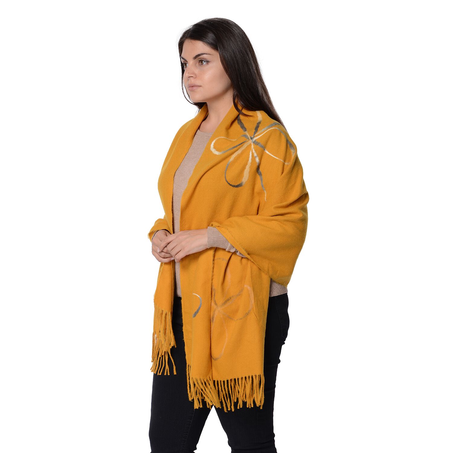 Floral Pattern Winter Scarf with Tassel in Yellow Size 70x180 Cm ...