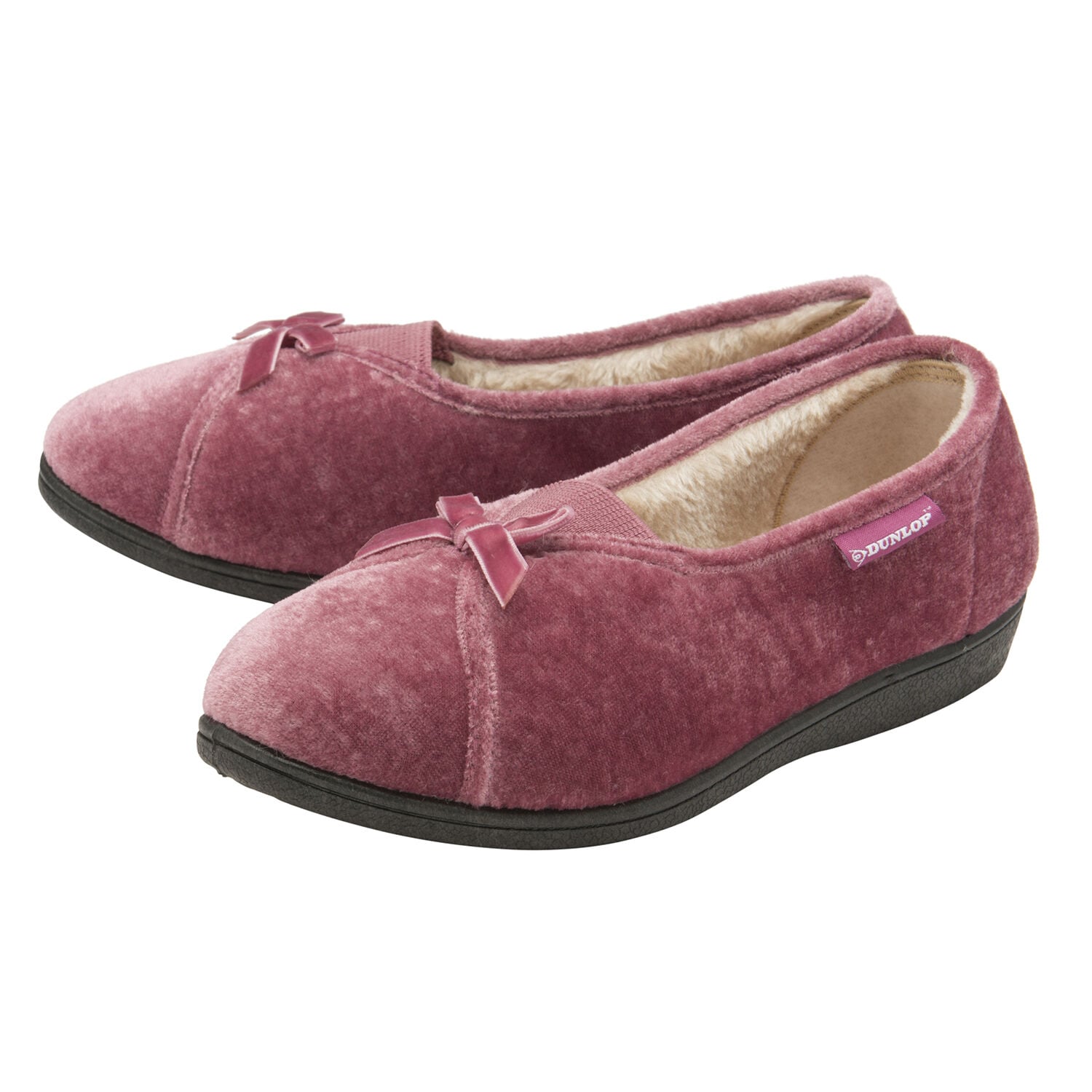 Dunlop Alice Ladies Velour Memory Foam Faux Fur Lined Full Slippers in ...