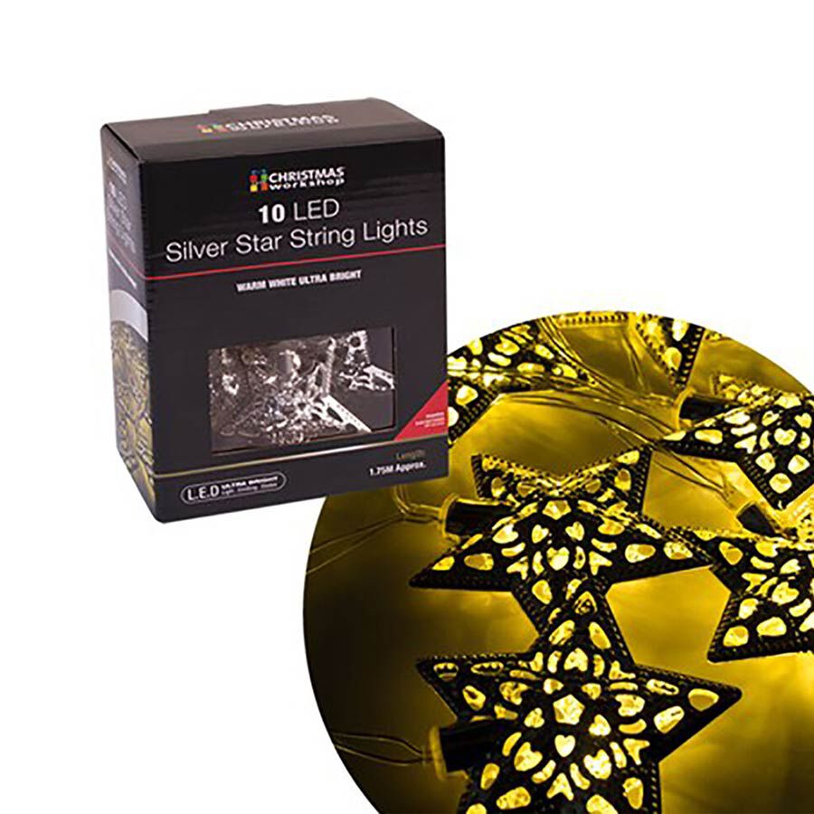 10 Warm White LED Silver Star String Light Size 40cm - 6872373 - TJC