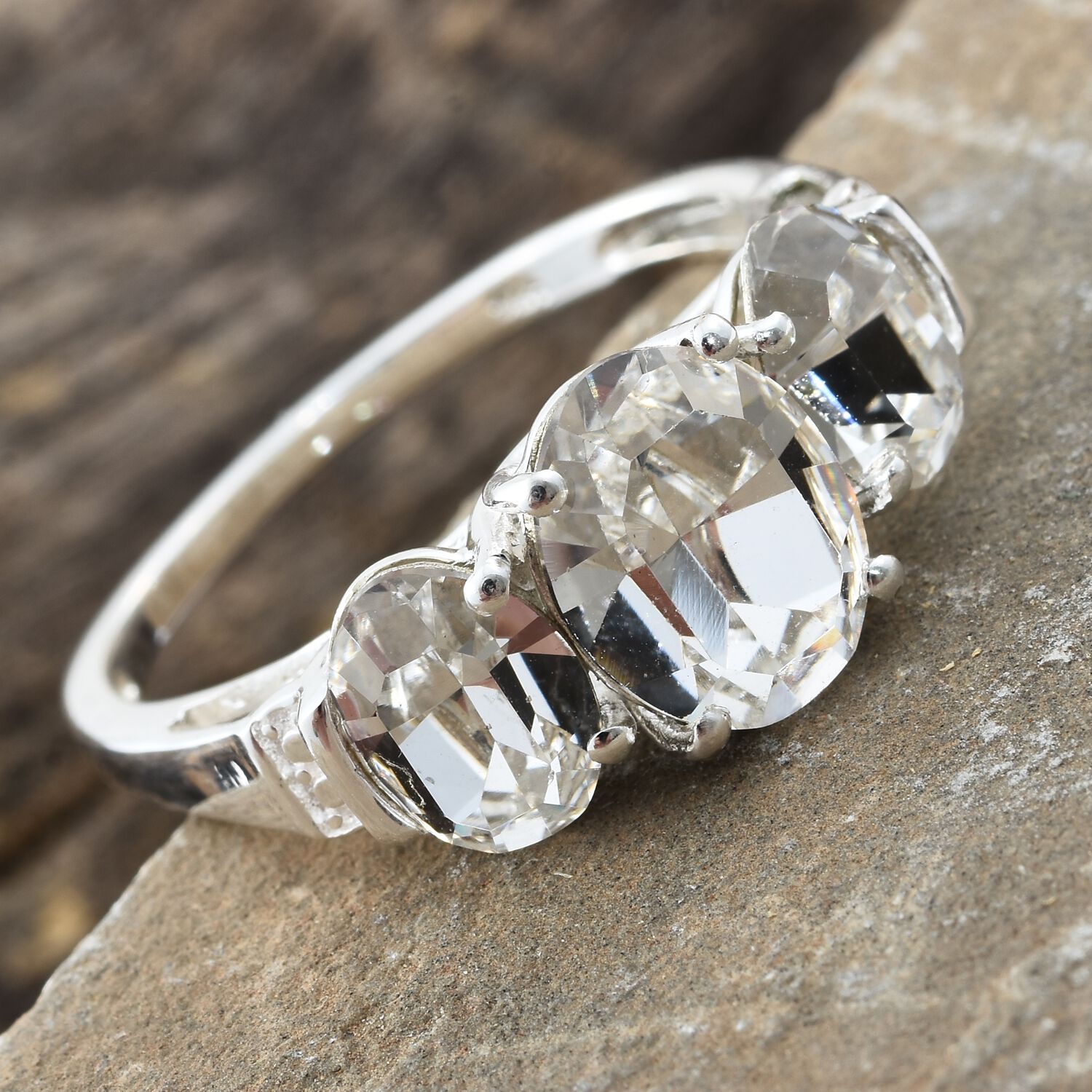 J Francis - White Crystal (Ovl) 3 Stone Ring in Sterling Silver ...