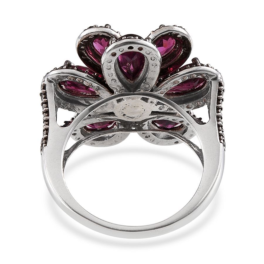 Rhodolite Garnet (Pear), Black Diamond Floral Ring in Platinum Overlay ...