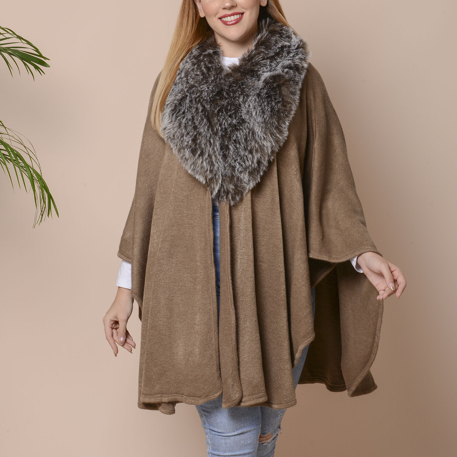 Half Moon Faux Fur Collar Cape (Size 124x76 Cm) - Khaki Colour ...