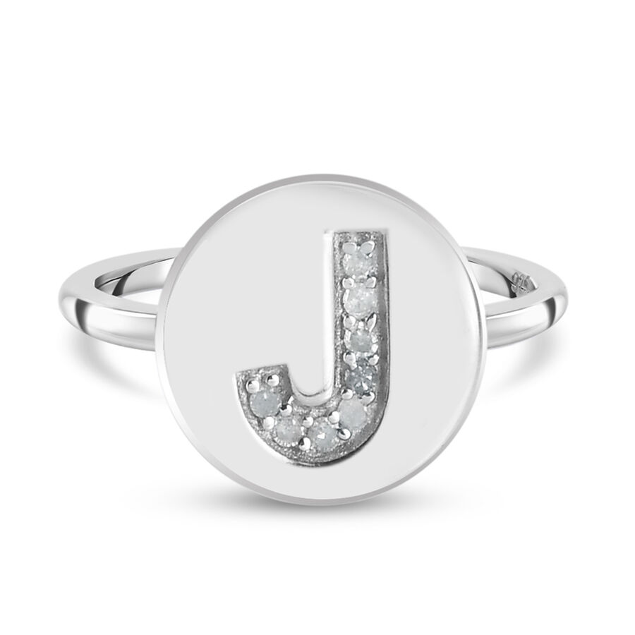 White Diamond J Initial Ring in Platinum Plated Sterling Silver ...