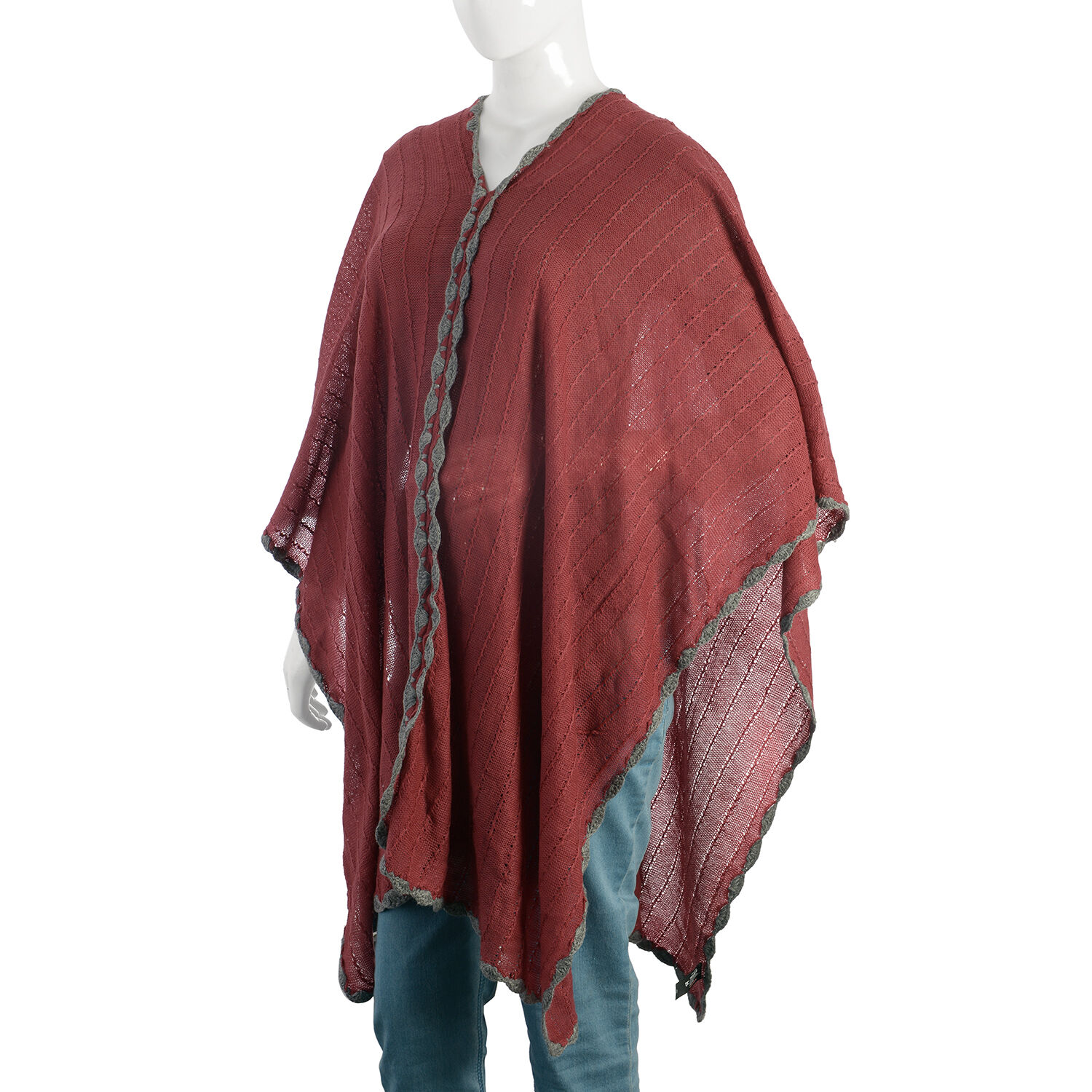 Wine Red Colour Crochet Work Poncho (Size 92x52 Cm) - 3246902 - TJC