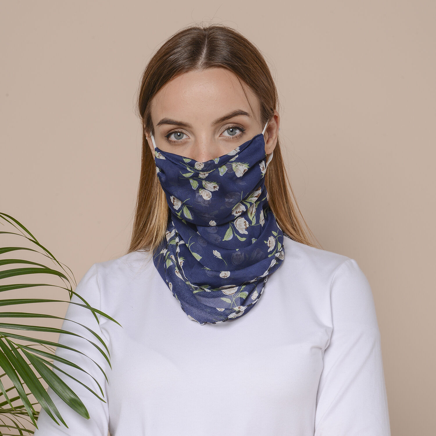 2 in 1 Flower Pattern Chiffon and Protective Face Covering Navy and ...