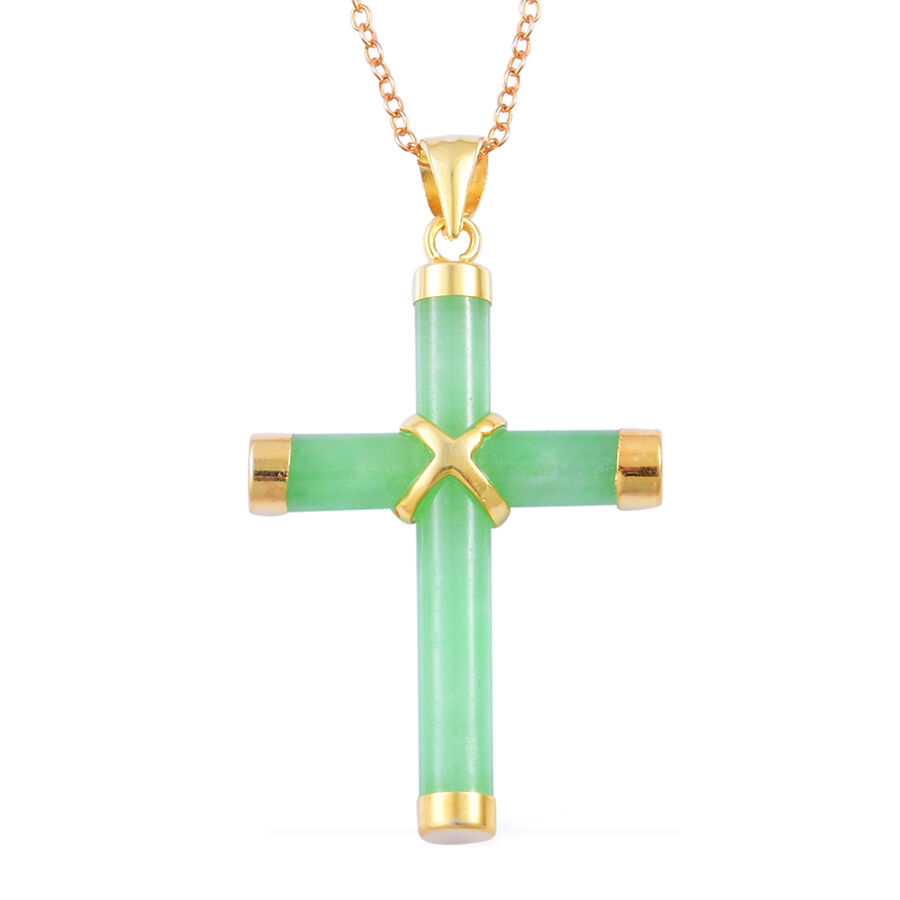 Green Jade Cross Pendant With Chain in Yellow Gold Overlay Sterling ...