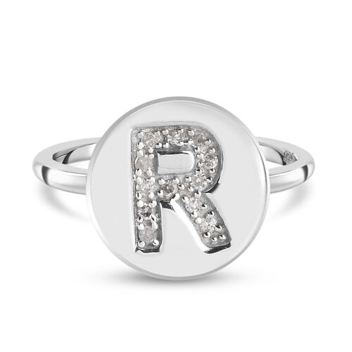White Diamond Initial-R Ring in Platinum Plated Sterling Silver ...