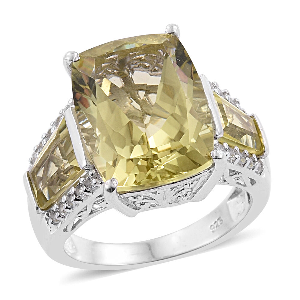 Natural Green Gold Quartz Cush, White Topaz Ring in Silver 12.75 Ct ...
