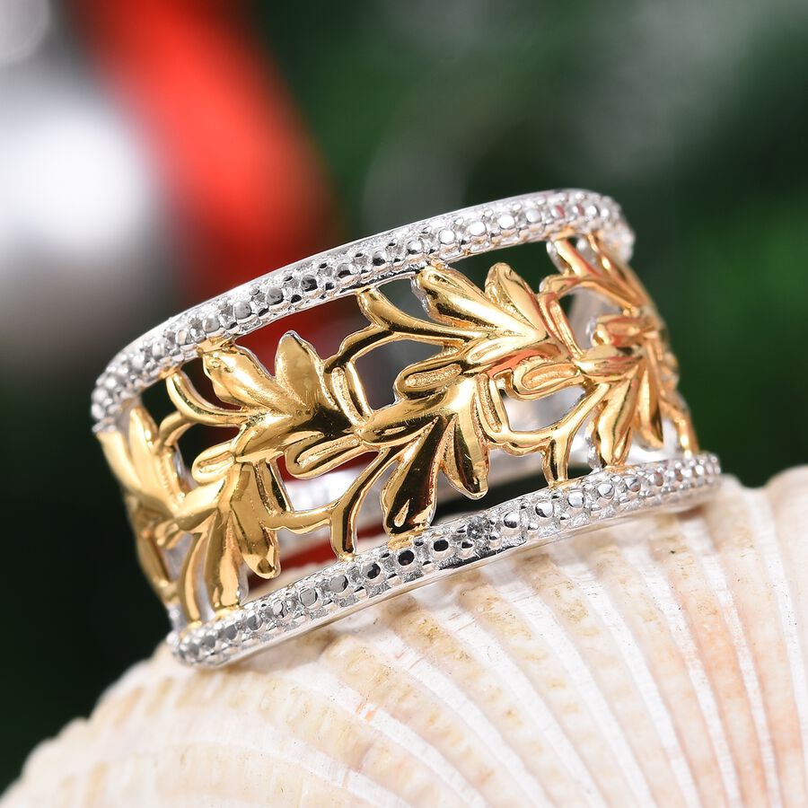 Diamond Oak Leaf Ring in Platinum and Yellow Gold Plated Sterling ...