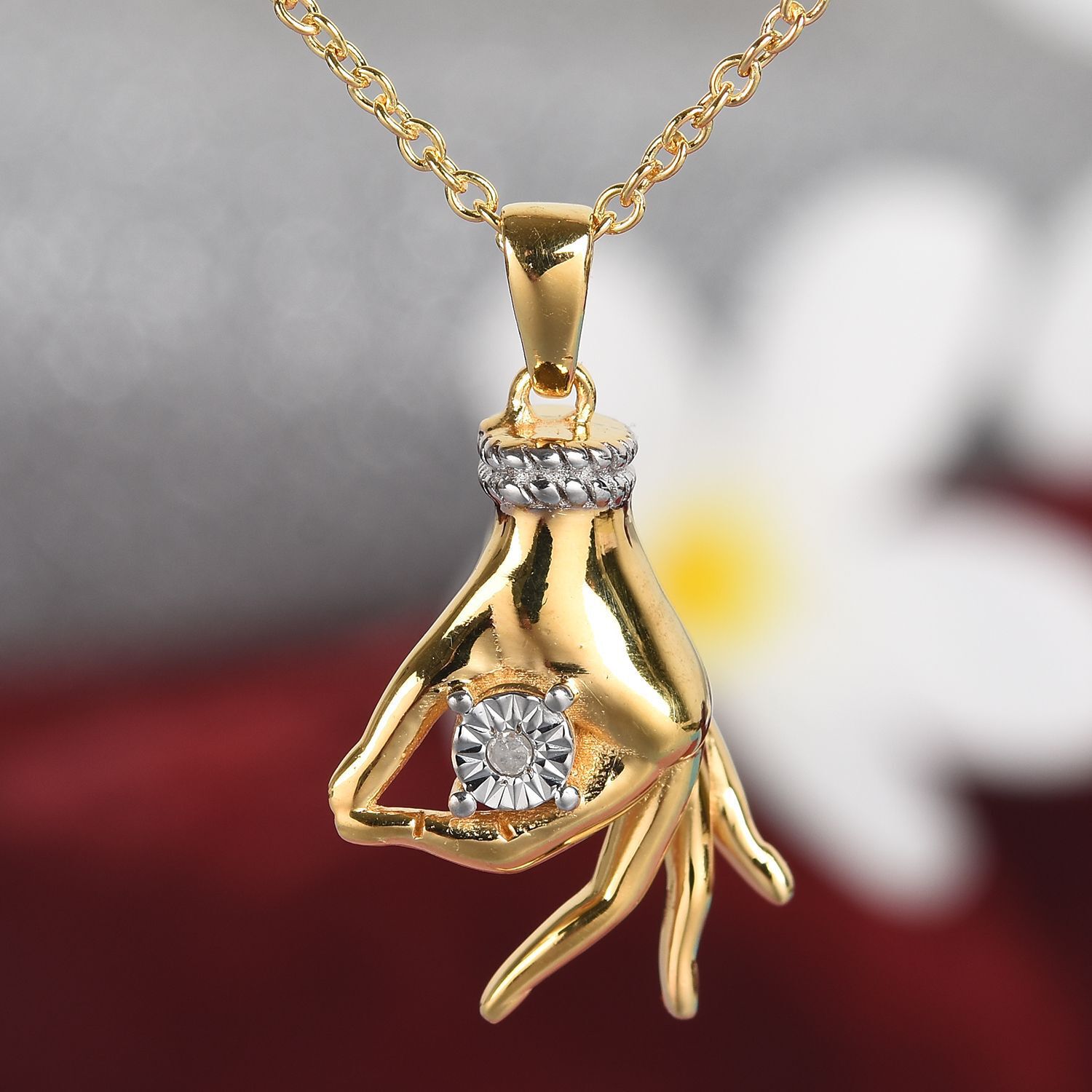 Gyan Mudra Hand Pendant with 20 Inch Chain with Diamond in Gold and ...