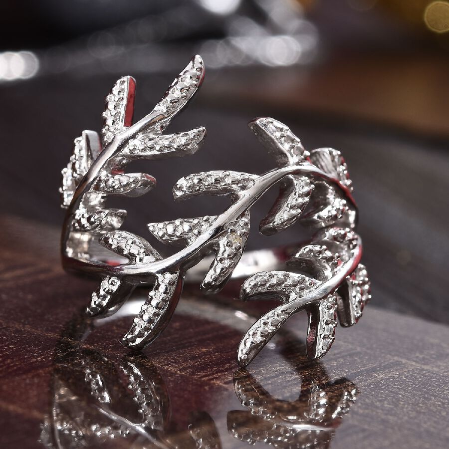 Diamond Laurel Leaf Ring in Platinum Plated Silver - M3459587 - TJC