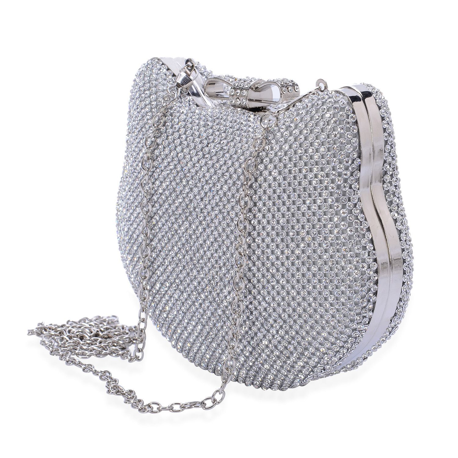 White Austrian Crystal Studded Clutch Bag in Silver Tone with Removable ...