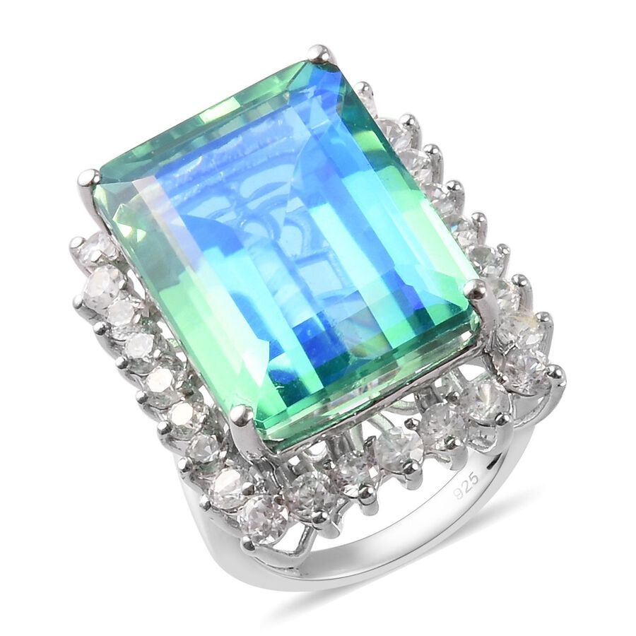 25 Carat Peacock Quartz and Zircon Halo Ring in Platinum Plated ...