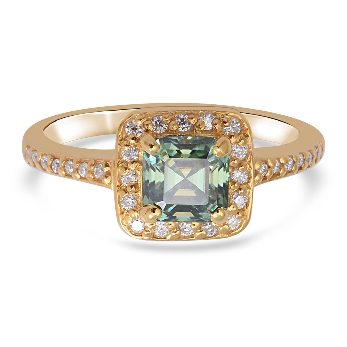 Blue Moissanite and White Moissanite Halo Ring in Yellow Gold Plated ...