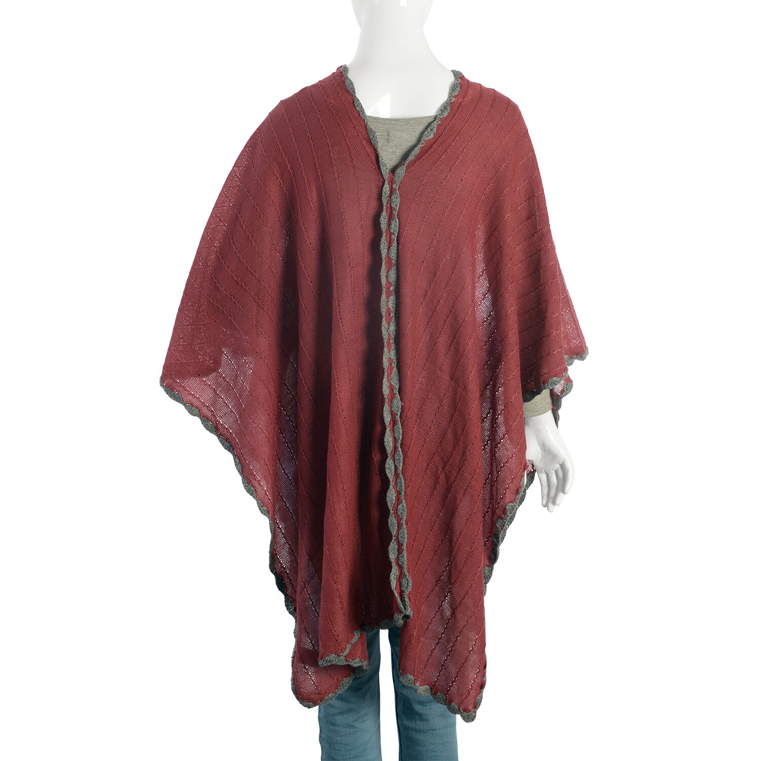 Wine Red Colour Crochet Work Poncho (Size 92x52 Cm) - 3246902 - TJC