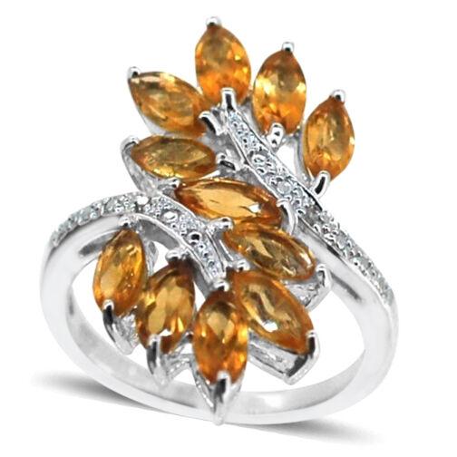 Citrine (Mrq), Diamond Crossover Ring in Rhodium Plated Sterling Silver ...