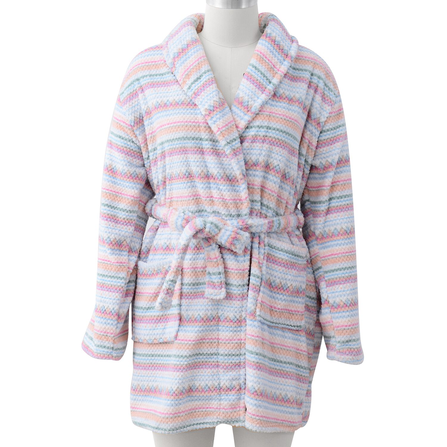 Jacquard Pink Plush Robe with Colorful Stripe Pattern - M3392669 - TJC