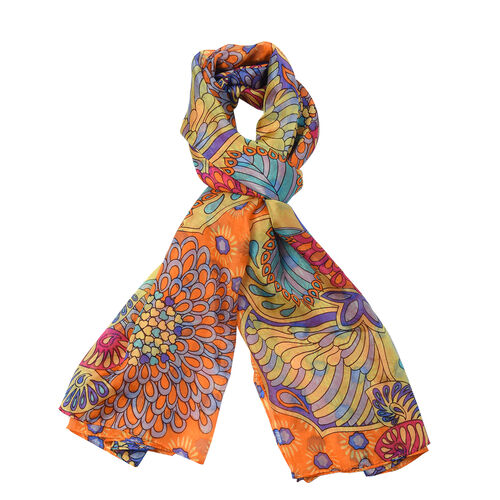 100% Mulberry Silk Garden Themed Pattern Scarf in Orange and ...