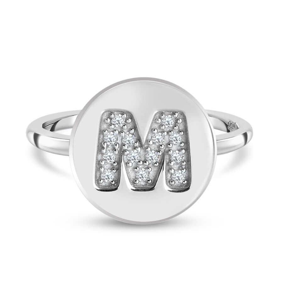 White Diamond M Initial Ring in Platinum Plated Sterling Silver ...