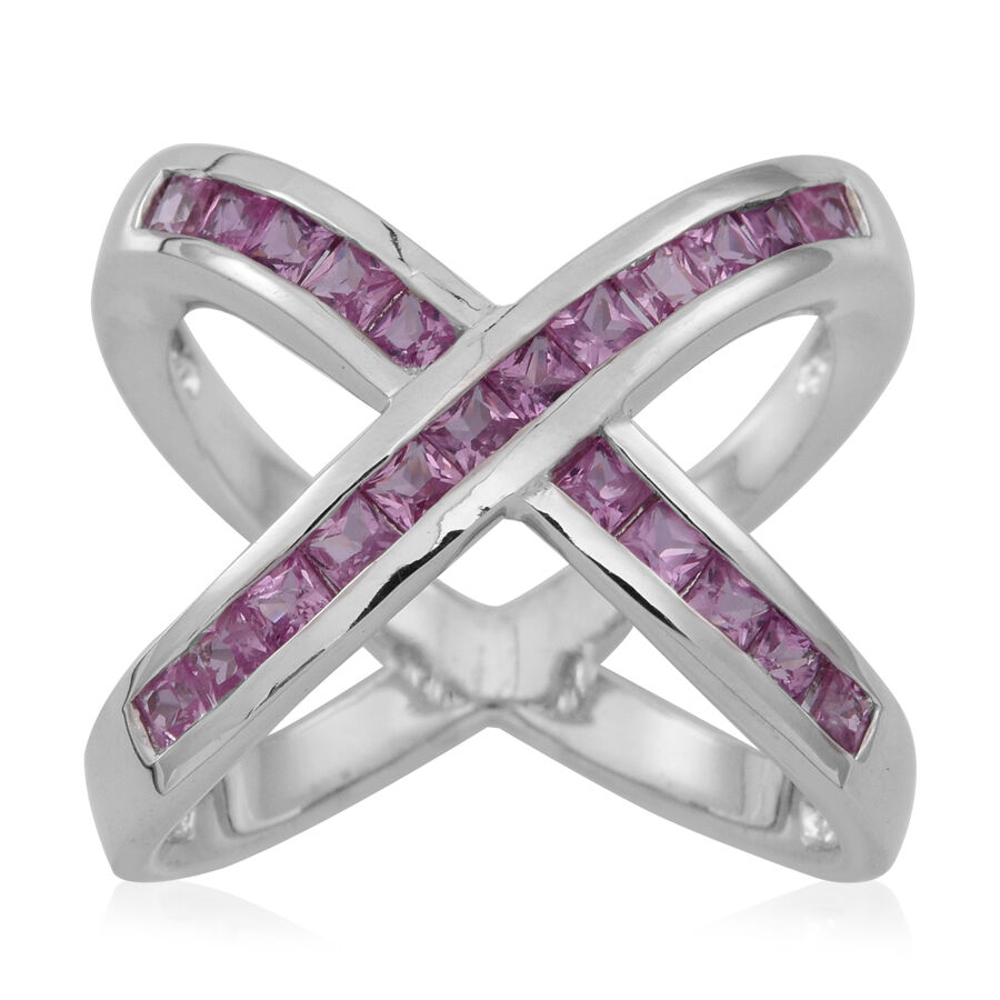 Pink Sapphire (Sqr) Criss Cross Ring in Rhodium Plated Sterling Silver ...