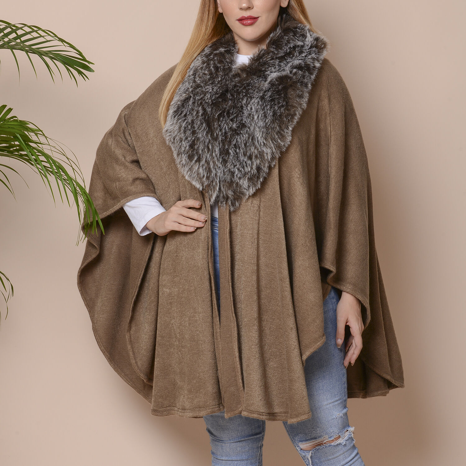 Half Moon Faux Fur Collar Cape (Size 124x76 Cm) - Khaki Colour ...
