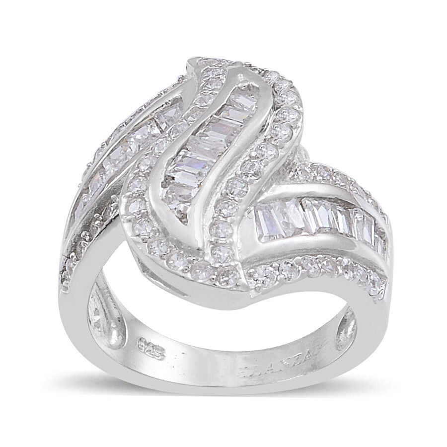 AAA Simulated White Diamond (Bgt) Ring in Rhodium Plated Sterling ...