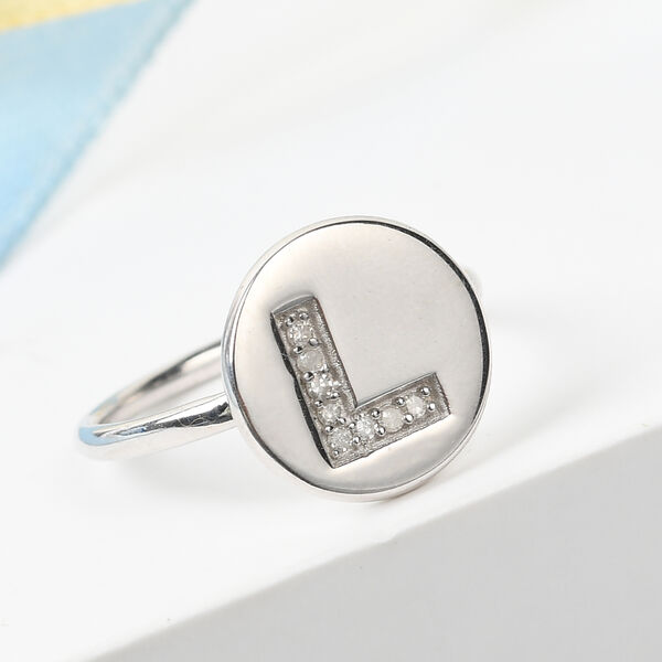 White Diamond Initial-L Ring in Platinum Plated Sterling Silver ...