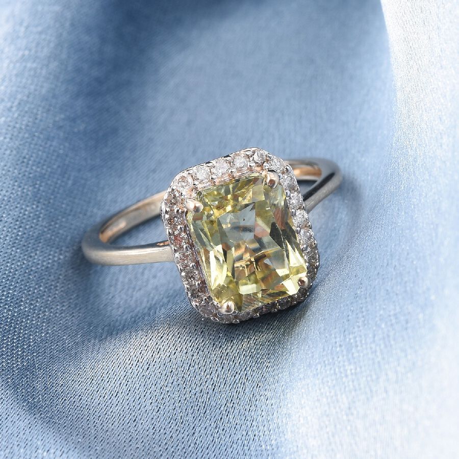 3.10 Ct. AA Hiddenite and White Diamond Halo Ring in 9K Yellow Gold ...