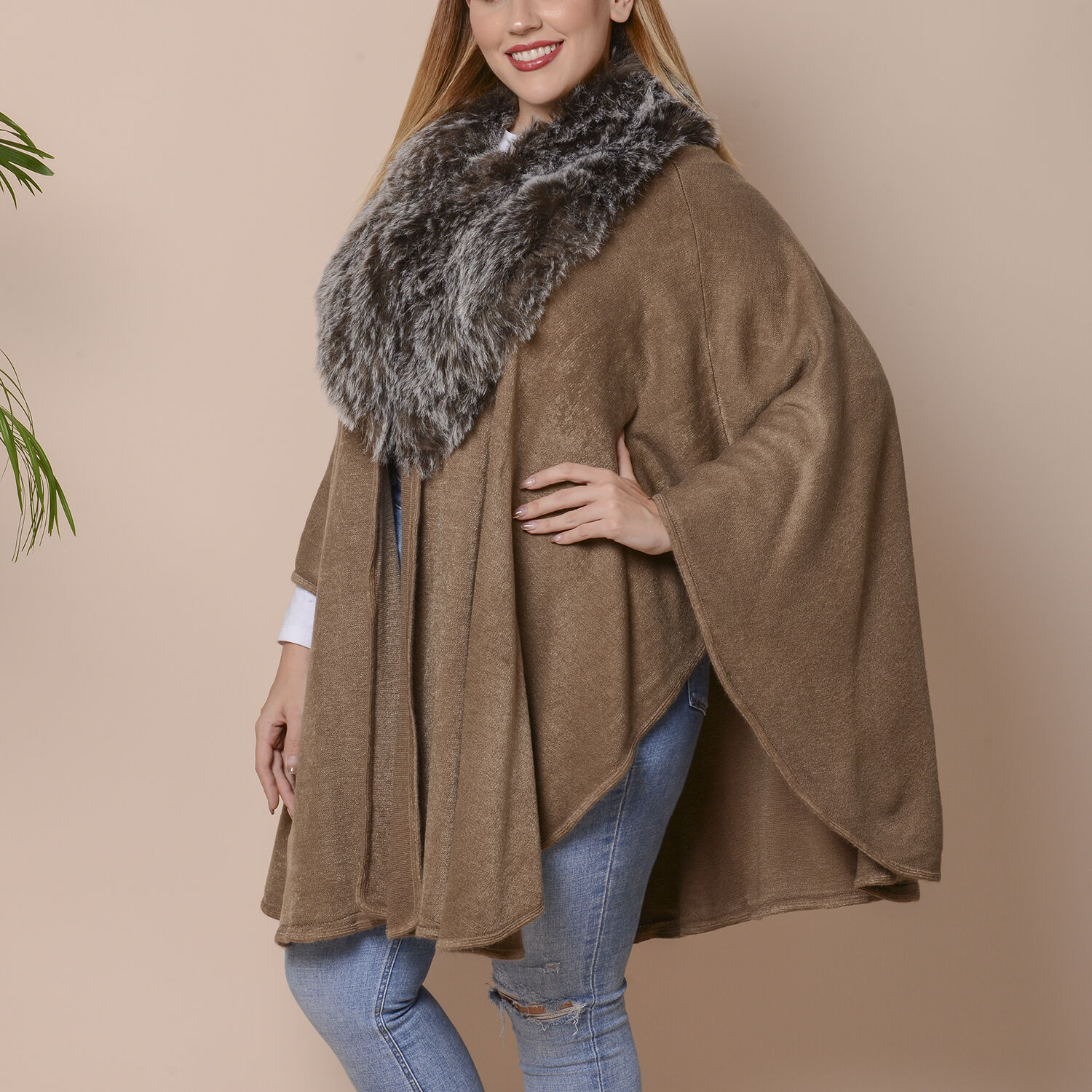 Half Moon Faux Fur Collar Cape (Size 124x76 Cm) - Khaki Colour ...