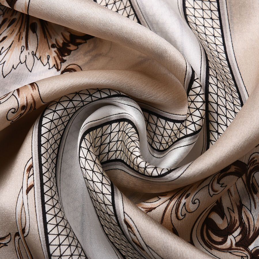 LA MAREY 100% Glossy Mulberry Silk Scroll Pattern Beige Scarf - 6282249 ...