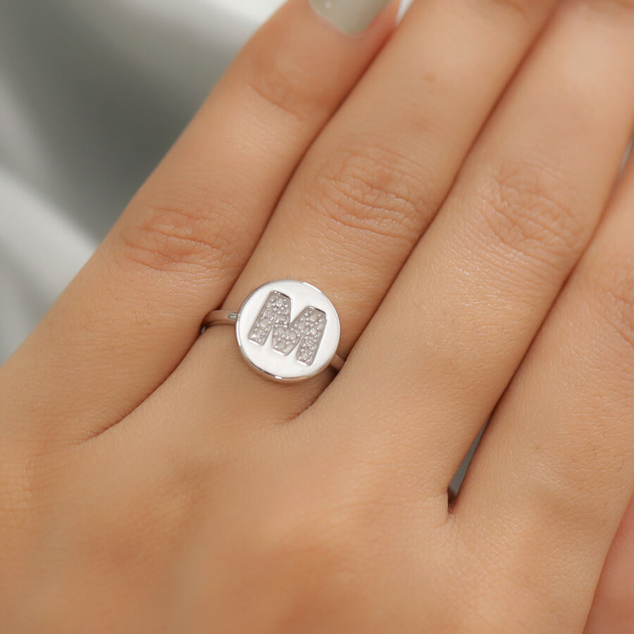 White Diamond M Initial Ring in Platinum Plated Sterling Silver ...