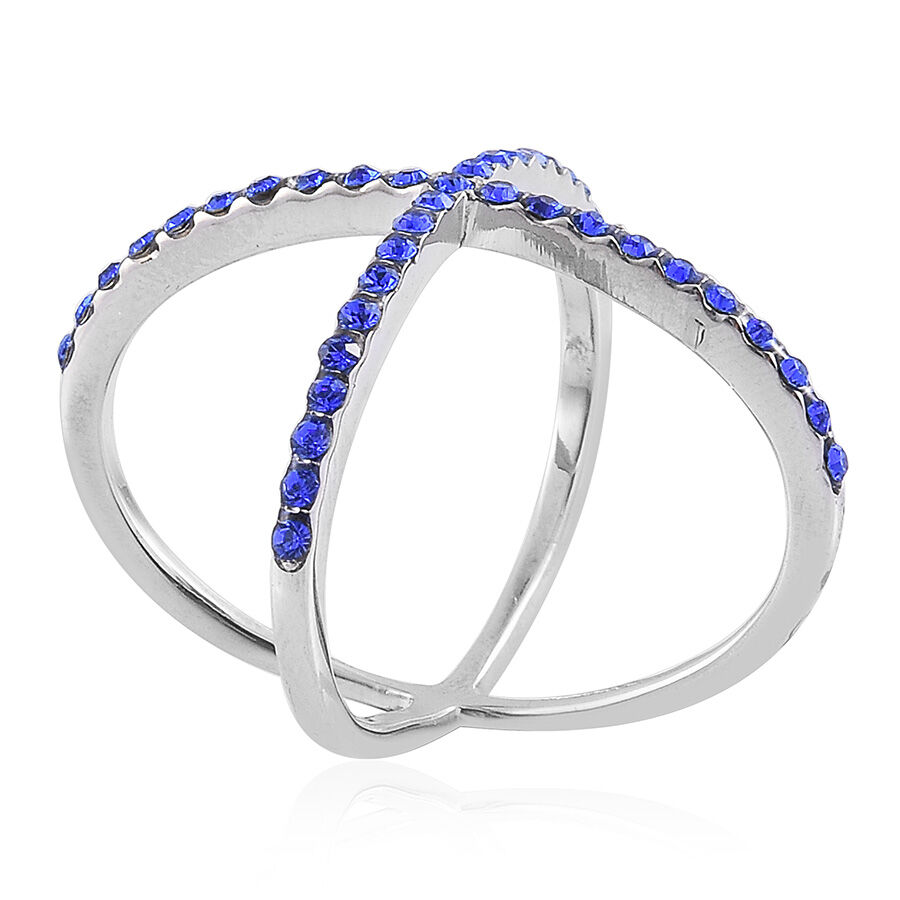 Blue Sapphire Austrian Crystal Criss Cross Ring in Stainless Steel ...