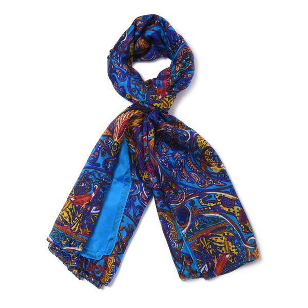 100% Mulberry Silk Bohemian Pattern Scarf Navyblue Colour - 6006305 - TJC