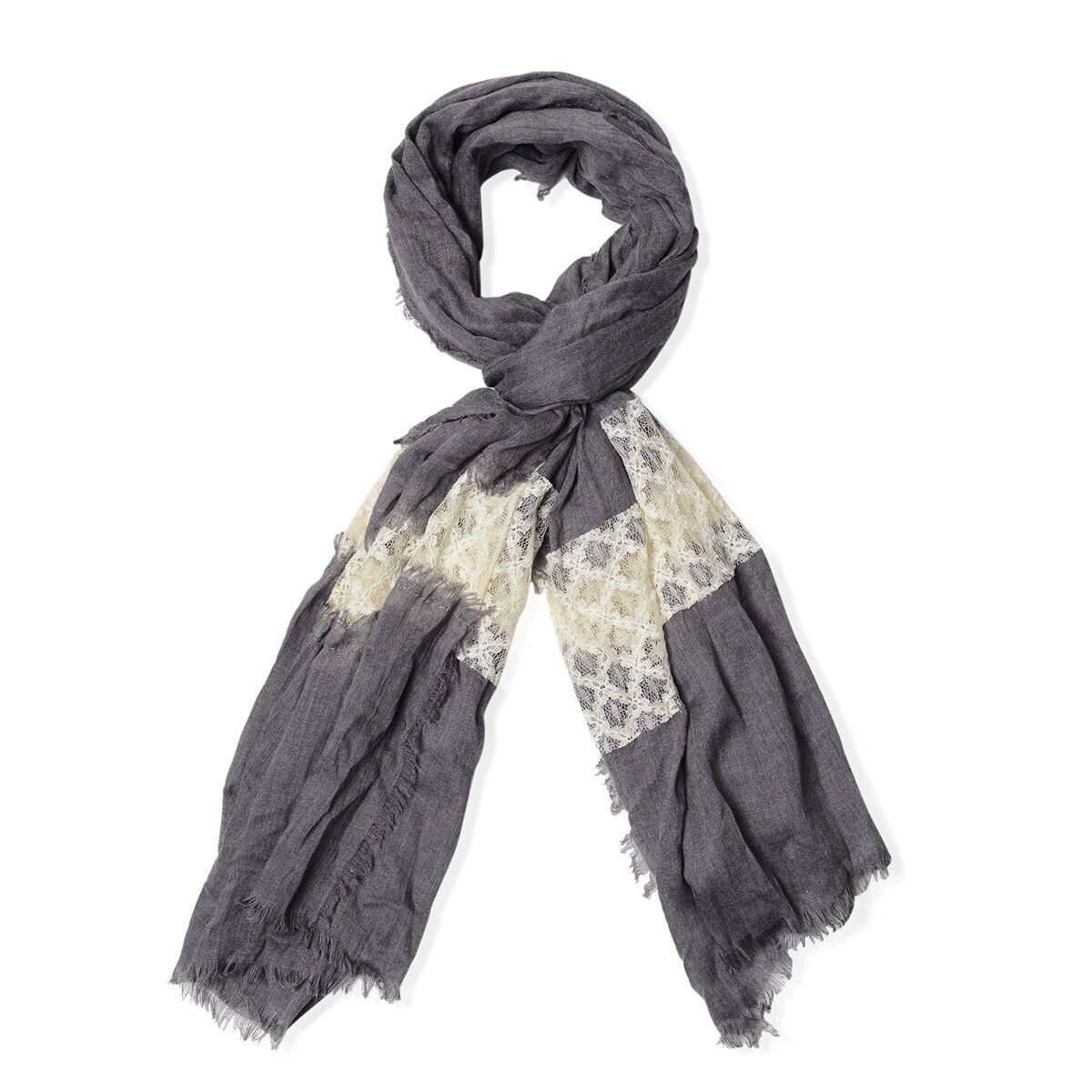 Grey Colour Scarf with Cream Colour Lace (Size 190x75 Cm) - 2205002 - TJC